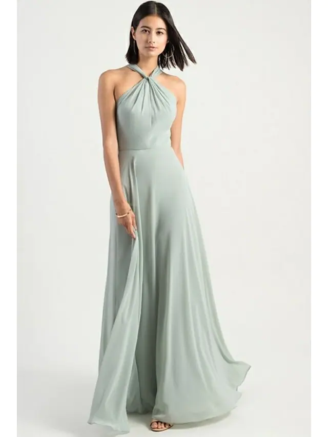 A-Line Halter Neck Floor Length Chiffon Bridesmaid Dress with Criss Cr ...