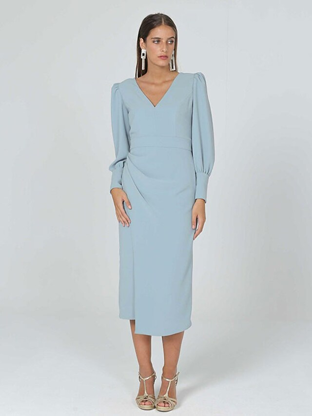 Mother of the Bride Dress Elegant V Neck Tea Length Stretch Fabric Lon ...