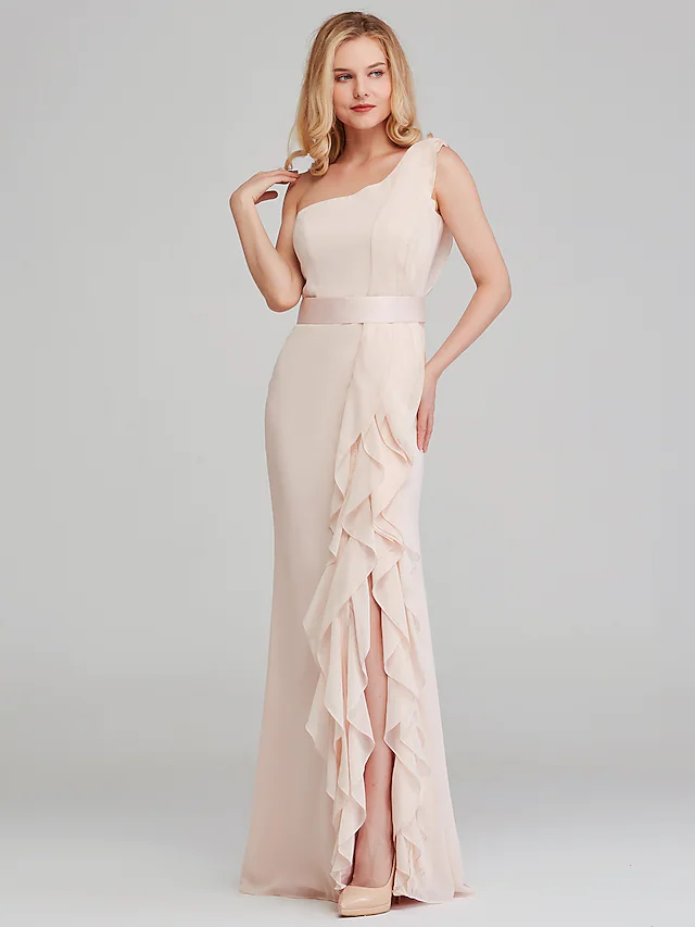 Shoulder Long Length Chiffon Bridesmaid Dress with Cascading Ruffles ...